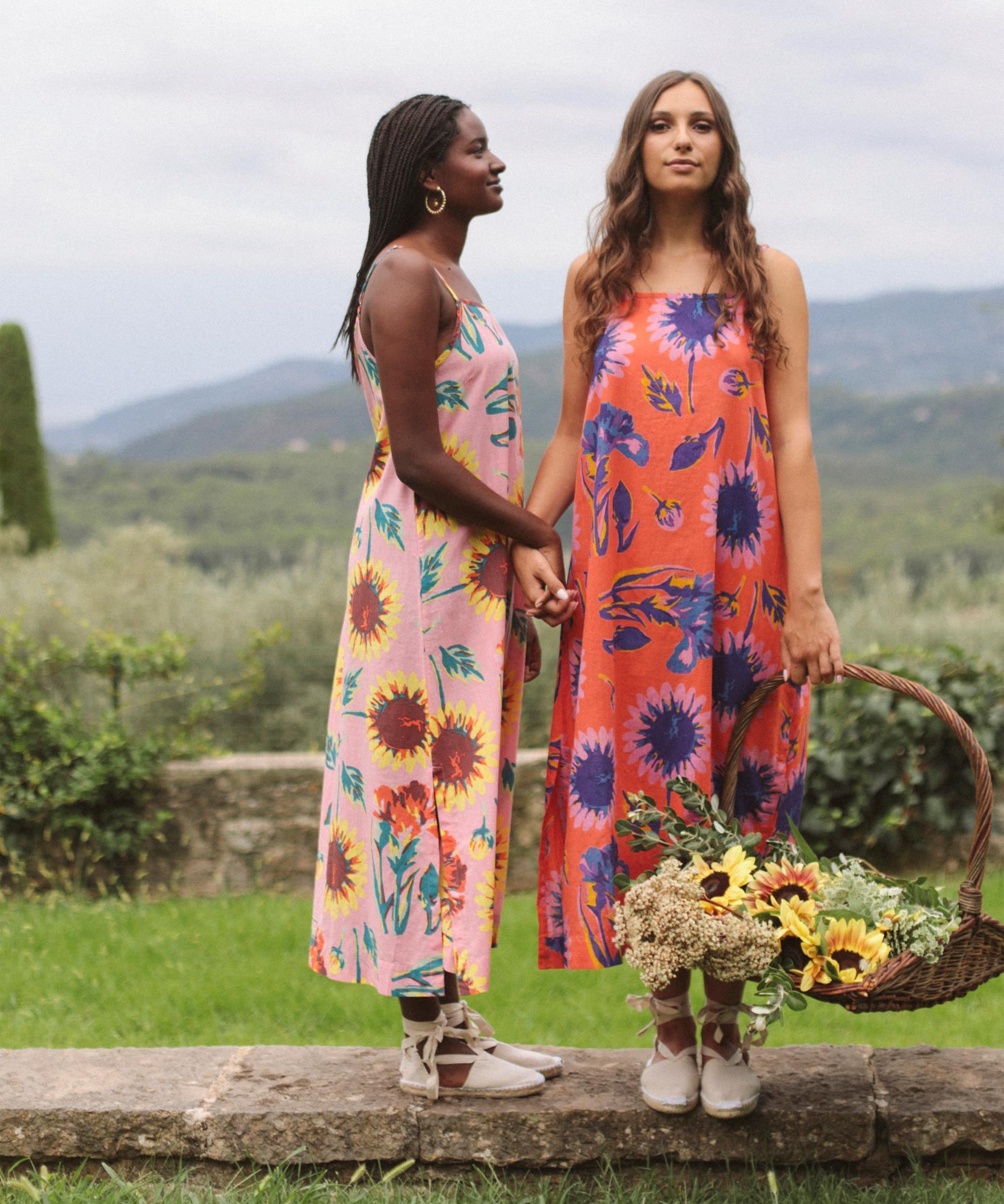 Robe longue à bretelles Rosa Tournesols en coton tramé 100% coton Rose Fragonard - 60,00