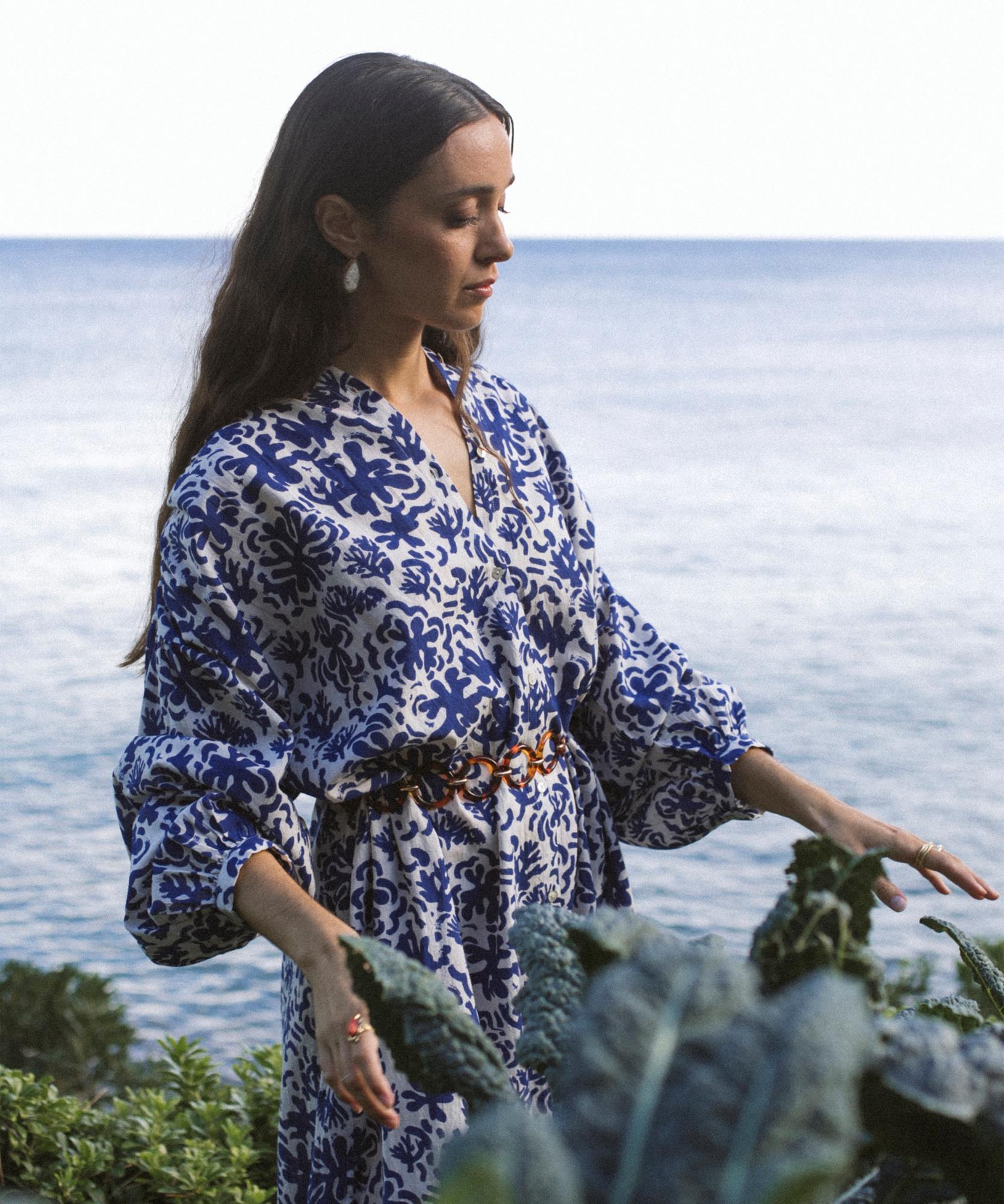 Robe Anna en coton imprimé corail 90% Coton 10% Lin Bleu Fragonard - 75 ...